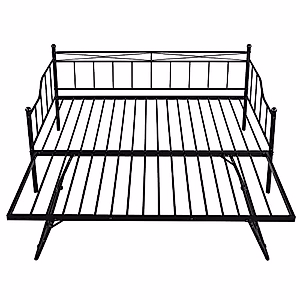 ODC Full Size Daybed with Adjustable Twin Pop Up Trundle, Heavy-Duty Steel Metal Extendable Bed for Bedroom Living Room,Black