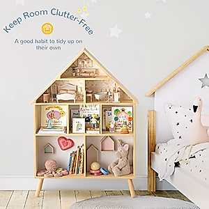 Curipeer Kids Bookshelf and Toy Storage, Wooden Stand Dollhouse Bookshelf, 4-Tier Baby Bookcase Display Organizer with Legs, Children Bookshelf for Nursery, Playing Room, Natural Wood Color