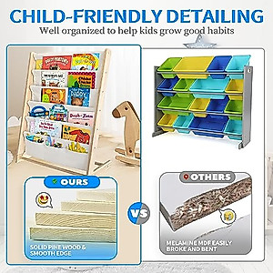 EXPERLAM Kids Book Shelf, 5-Tier Wood Kids Book Rack Storage Bookshelf, Kids Sling Bookshelf for Kids Room Toddler Baby Bedroom Living Room, Beige…