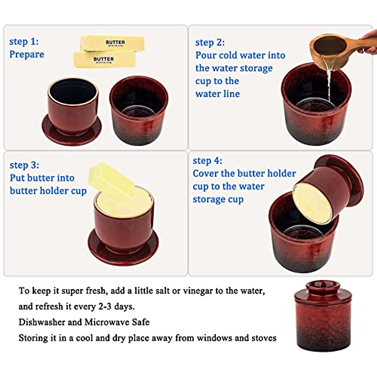 Pottery Butter Keeper Crock Butter Crock Red French Butter Dish Butter Crock For Counter With Water Ceramic Butter Holder Cup To Leave On Counter