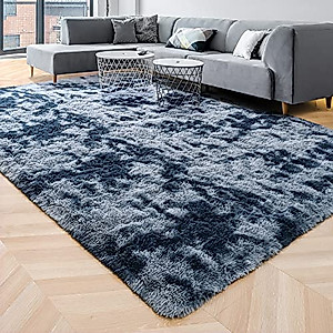 ISEAU Super Soft Rugs for Living Room Shaggy Area Rug, 5x8 Feet Tie-Dye Shaggy Area Rug Fluffy Rugs for Bedroom, Non-Slip Abstract Fuzzy Rugs Dorm Shag Rugs for Girls Boys Kids Room, Dark Blue