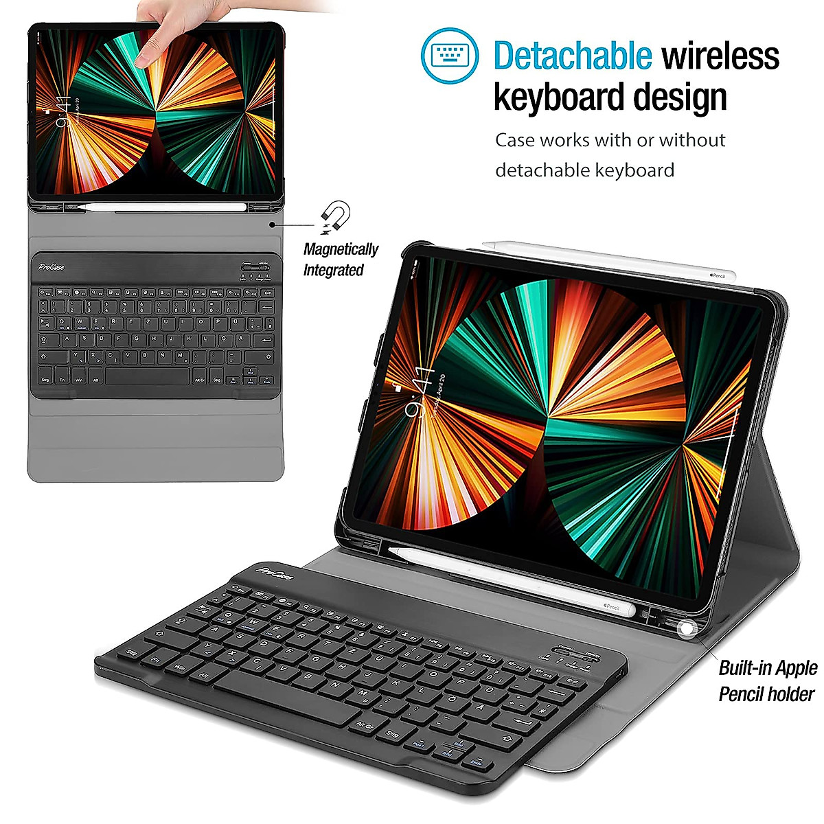 ProCase Keyboard Case for iPad Pro 12.9 2022 2021 2020 2018, Slim Shell Lightweight Cover with Magnetically Detachable Wireless Keyboard for iPad Pro 12.9 Inch 6th 5th 4th -Black
