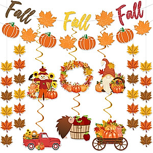 Fall Party Decorations Supplies - NO DIY- Fall Home Decor Set Include Glitter Fall Banner Pumpkin Maple Leaf Garland, 6pcs Hanging Swirls, 4Pcs Maple Leaves Garland Strings for Fall Thanksgiving Party