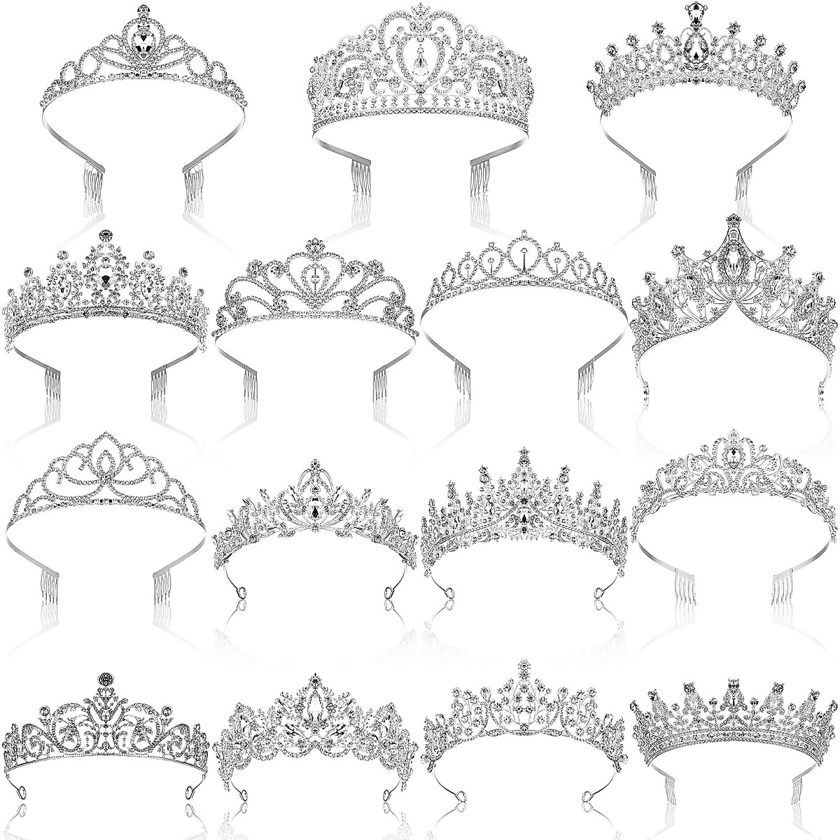 Landical 15 Pcs Silver Tiara and Crowns for Women Crystal Tiara Crown Headband with Comb Rhinestone Queen Princess Crown Hair Accessories for Christmas Bridal Party Prom Costume Cosplay Gifts