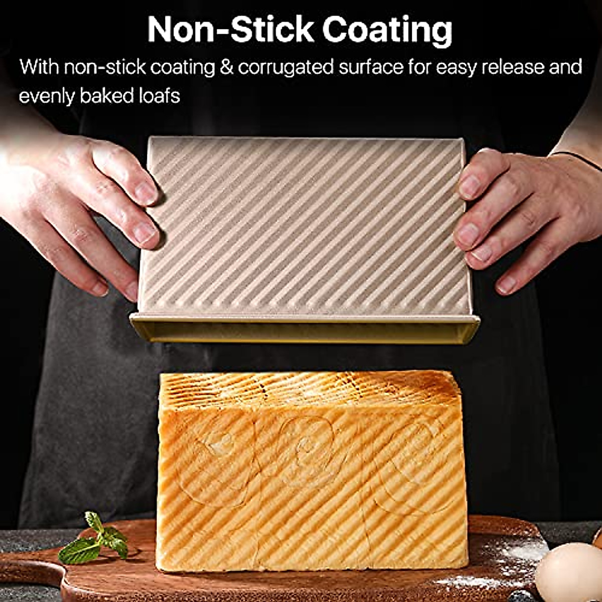 Flexzion Pullman Loaf Pan with Lid Cover (2 Pack) for Baking Oven Sandwich Bread Toast - 1lb Dough Capacity Square Corrugated Cake Mold Non-Stick Carbon Steel Box Bakeware Kitchen Accessories (Gold)