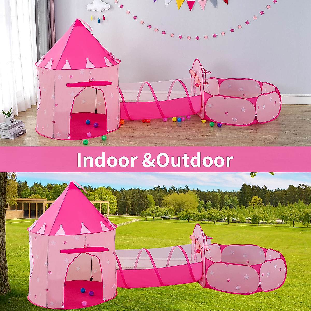 LDTNET 3pc Kids Play Tent for Girls with Ball Pit, Crawl Tunnel, Princess Tents for Toddlers, Baby Space World Playhouse Toys, Boys Indoor& Outdoor Play House, Perfect Kid’s Gifts