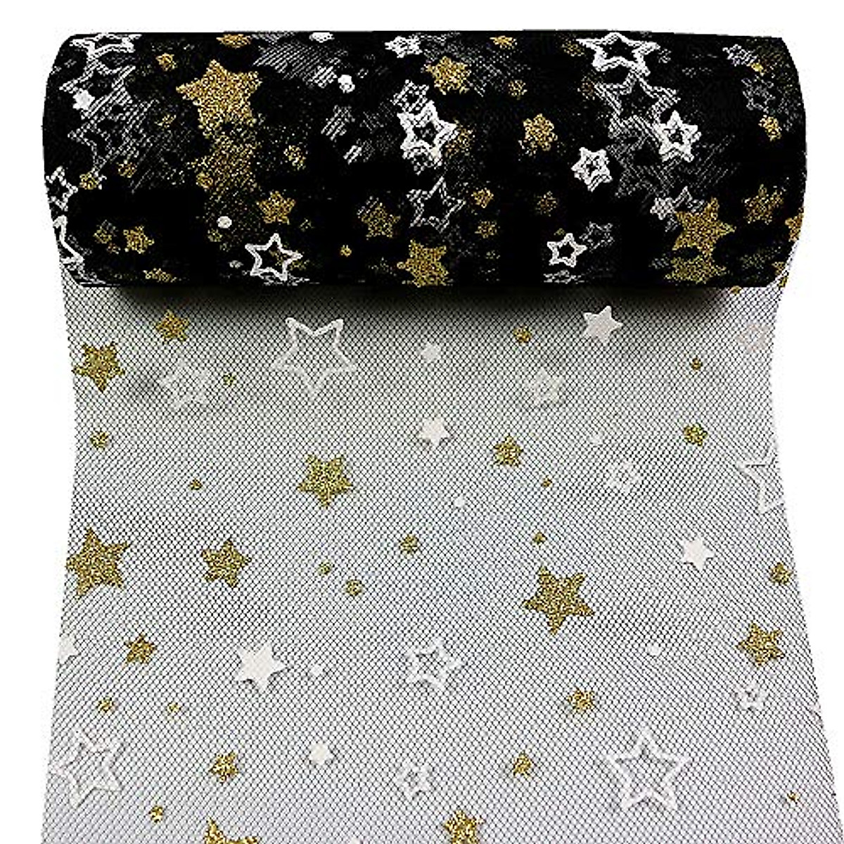 Yuanchuan Golden Star Glitter Tulle Rolls 6 inch x 10 Yards (30 feet) Black Tulle Rolls Spool Fabric Tutu for DIY Skirts Wedding Gift Wrap Sewing Crafting Bow Bridal Decorations Birthday Party (Black)