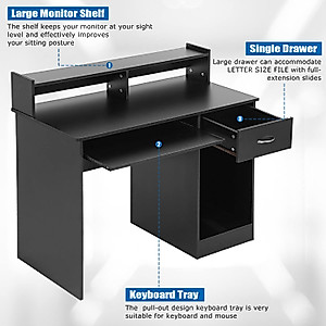 Ckofgdsue 43 inch Computer Desk with Drawers, Home Office Desk with Drawer Keyboard Tray Workstation Laptop Study Table with Shelf Small Writing Desk Black
