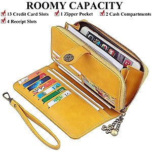 Coolstar Wallets for Women & Men PU Leather Clutch Wallet with Credit Card Holders Wristlet Phone Checkbook Organizer Large (Yellow with Sunflower Snap), Sunflower Snap + Yellow