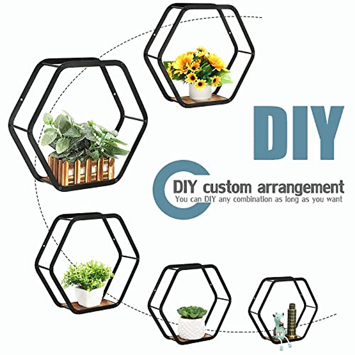 Hexagonal Floating Shelves Set of 10, Metal Hexagon Shelves for Wall, Rustic Black Hexagon Shelves, Modern Honeycomb Shelf, Octagon Shelves Wall Mounted for Bedroom Living Room Kitchen and Office