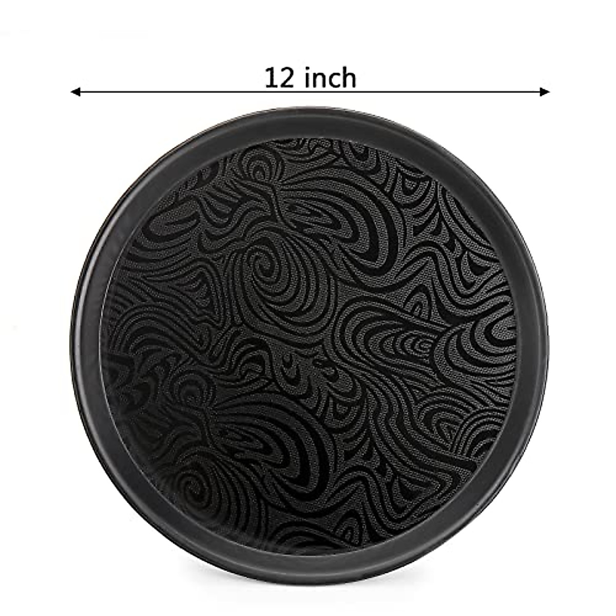 Hacaroa 4 Pack Round Restaurant Serving Trays, 12 Inch Plastic Food Service Trays Non-Skid Food Platter for Cafeteria, Bar, Coffee Shop, Hotel, Tailed Lines, Black