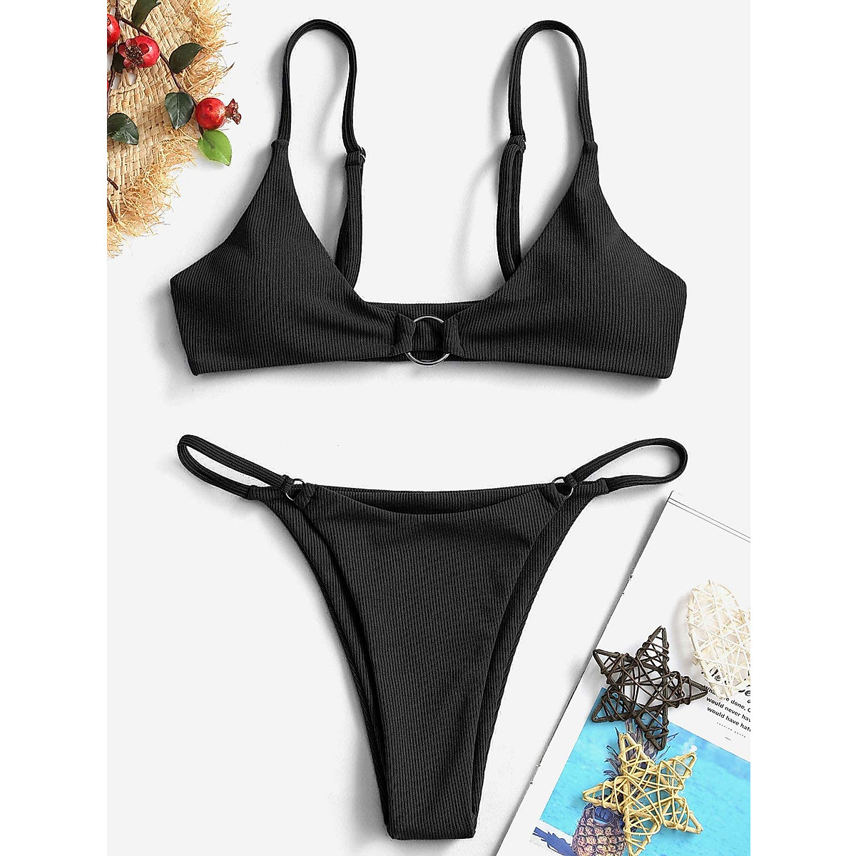 ZAFUL Women's Ribbed O-ring String Bikini Swimsuit Two Pieces Bathing Suit Black