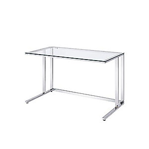 Knocbel Contemporary Computer Desk Home Office Workstation Writing Table with Tempered Glass Top & Metal Frame, 47" L x 24" W x 30" H (Clear and Chrome)