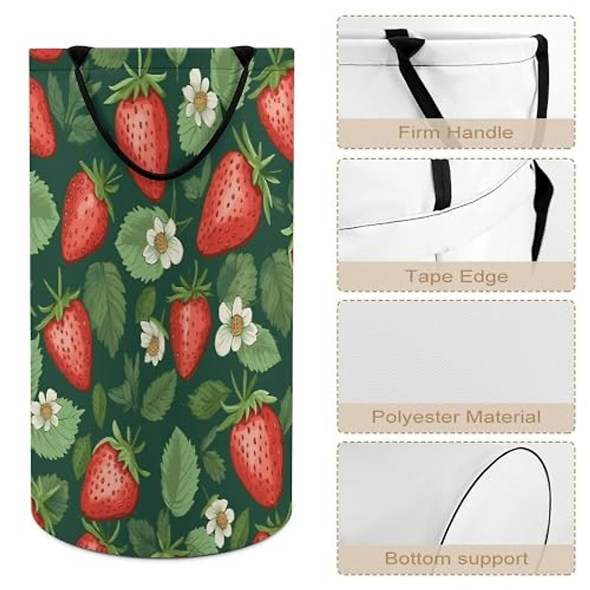 Laundry Basket Hamper Waterproof Dirty Clothes Hamper Fresh Strawberries And Leaves Collapsible Washing Bin Clothes Bag with Handles Freestanding Laundry Hamper for Bathroom Bedroom Dorm Travel