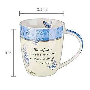 Christian Art Gifts Bible Verse Mug for Women Butterfly Scripture Mug w/Blue Flowers – The Lord’s Mercies Lamentations 3:22-23 Mug Inspirational Coffee Cup and Christian Gift (12 oz Ceramic Cup)