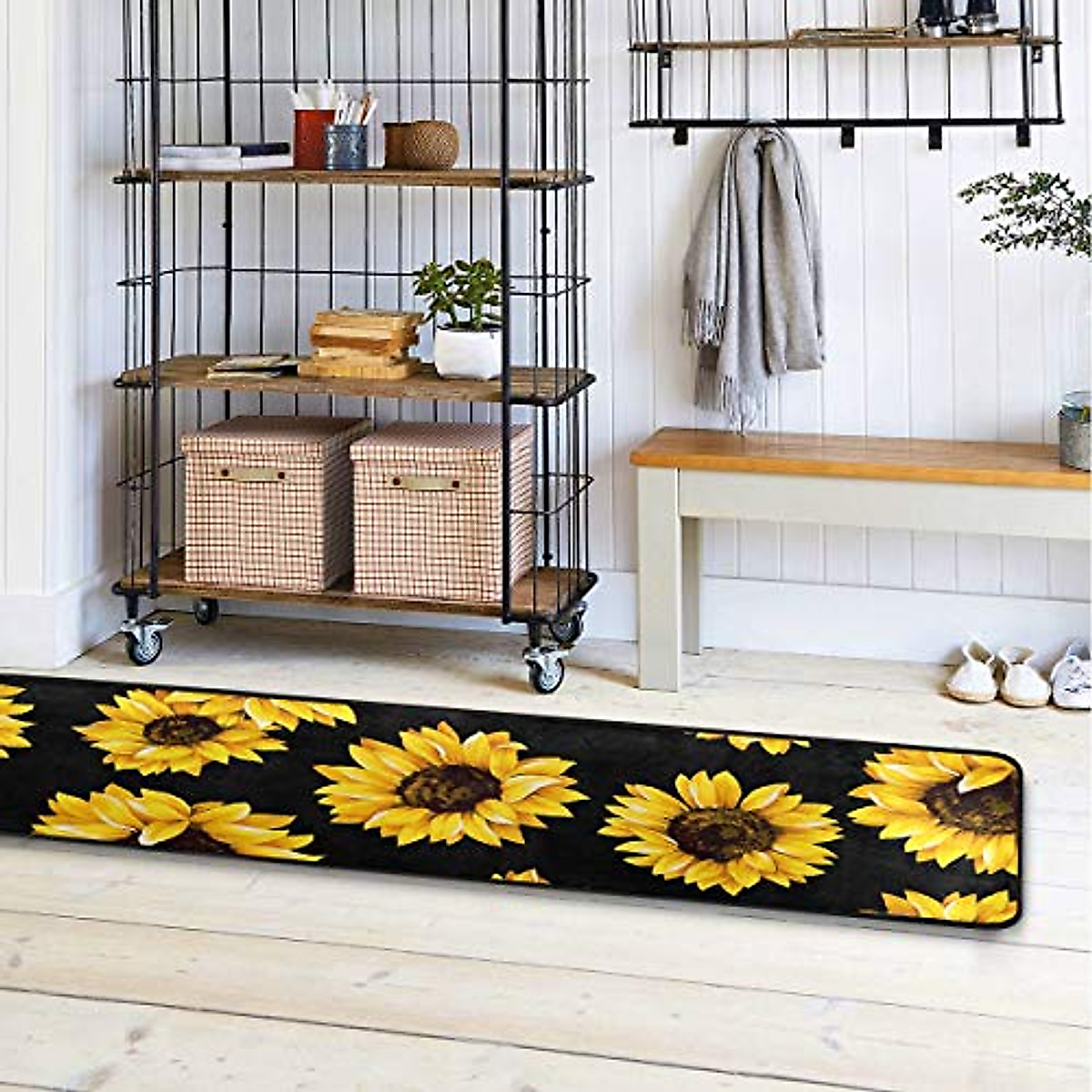 Sunflower Black Kitchen Rugs Non-Slip Soft Doormats Bath Carpet Floor Runner Area Rugs for Home Dining Living Room Bedroom 72" X 24"
