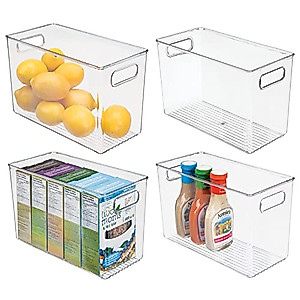 mDesign Plastic Slim Organizing Bin for Kitchen Pantry Cabinet, Fridge or Freezer, Food Organization Storage Bin with Handles, Pantry or Kitchen Storage Organizer Bins, Ligne Collection, 4 Pack, Clear