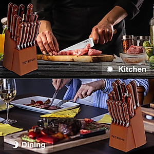 FETERVIC Knife Set -16 PCS High Carbon Kitchen Knife Sets Wooden Block with Chef Knife, 6 Pieces Steak Knives, Bread Knife, Sharpener Rod and Kitchen Scissors - Best Gift