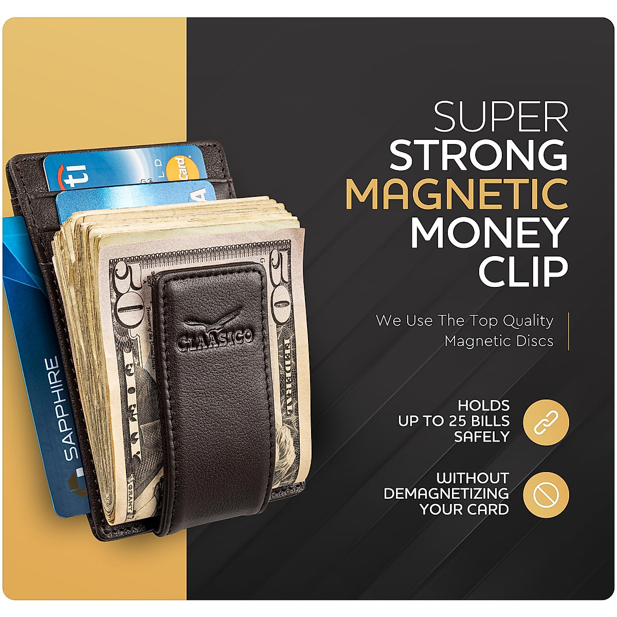 Money Clip Leather Wallet For Men Slim Front Pocket RFID Blocking with Super Strong Magnetic