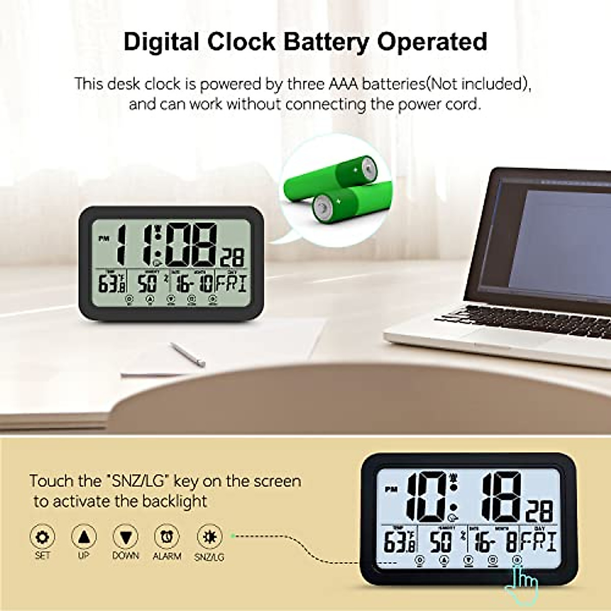 Digital Clock, Digital Wall Clock Battery Operated, Clocks with Large Display, Alarm Clock with Backlight, Desk Clock with Temperature Humidity Day Date for Bedroom Living Room Office (Black)