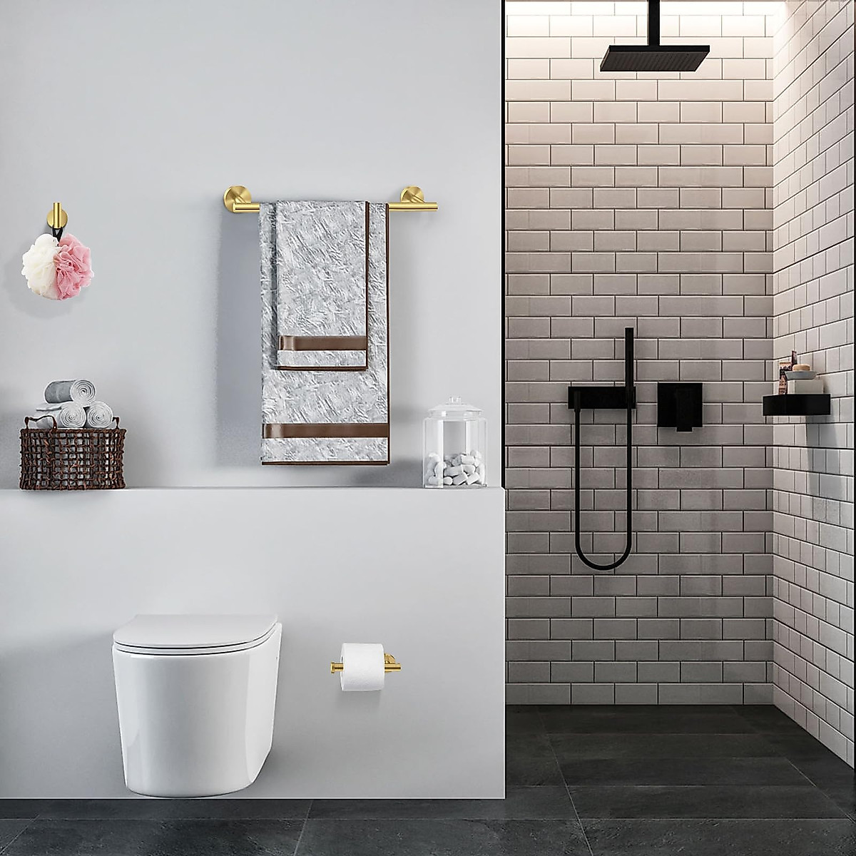 5 PCS Matte Black Bathroom Hardware Set,304 Stainless Steel Towel Rack Set Round Wall Mounted Includes 16" Hand Towel Bar,Toilet Paper Holder,3 Towel Hooks Bathroom Accessories Kit (Gold)