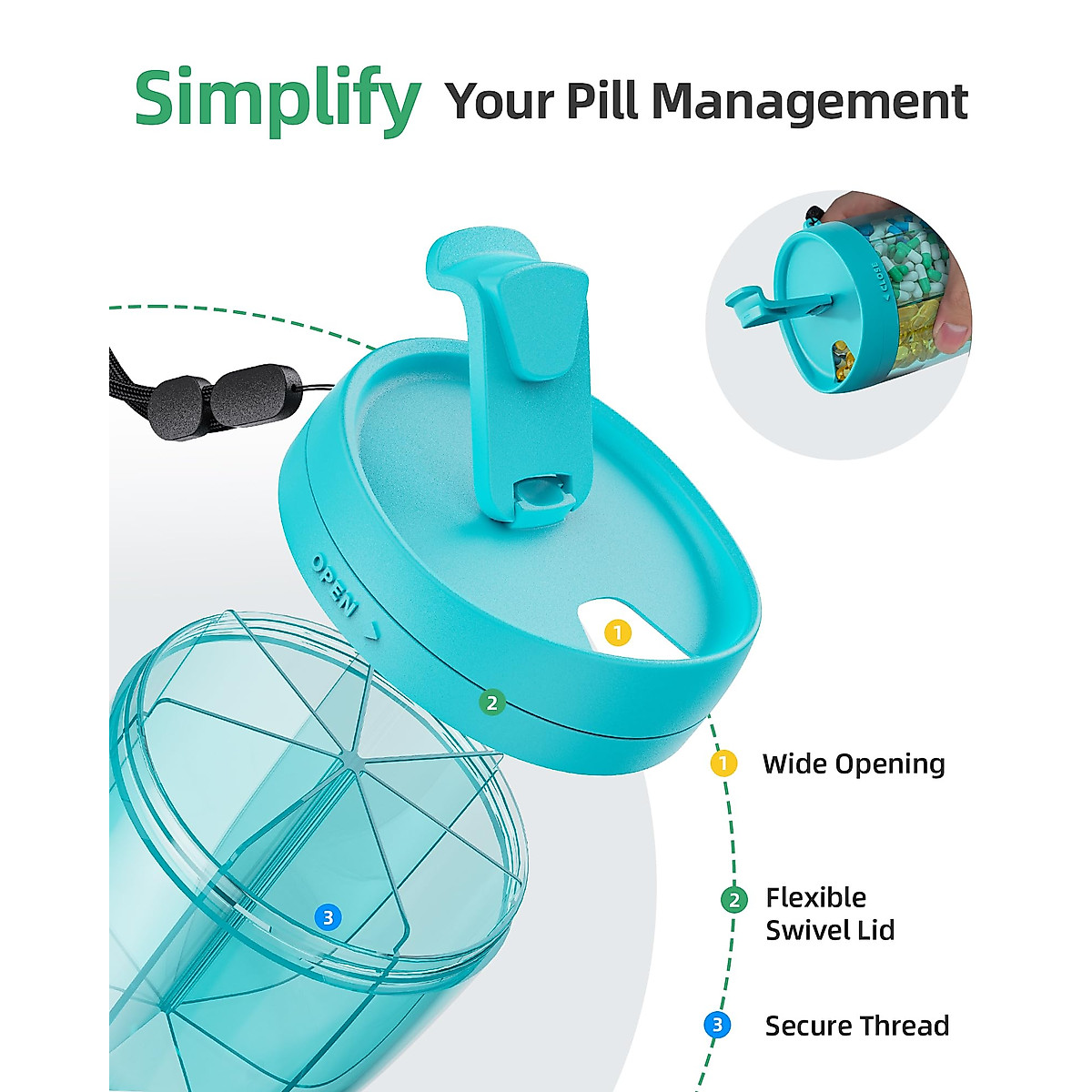 PULIV Portable Pill Dispenser Bottle, Vitamin Organizer with 7 Compartments, Holds Plenty of Supplements with Anti-Mixing & Wide Openings Design, Easy to Retrieve Meds, Includes 20 Pcs Labels Blue