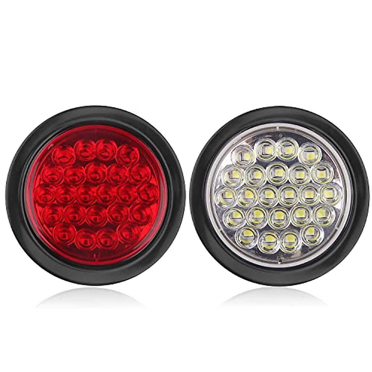 4Pcs 4 Inch Round Led Stop Turn Tail Brake Backup Reverse Lights 24 LED Waterproof 4 Inch Round LED Trailer Tail Lights for Trucks RV W/Lights Grommets 3-Prong Trailer Wire Pigtails 12V (2Red+2White)