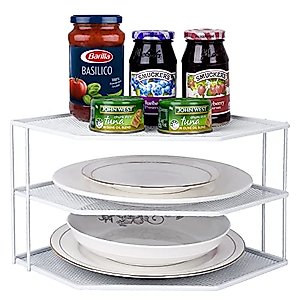 Mesh 3-Tier Corner Shelf Counter and Cabinet Organizer - Steel Metal Wire - Rust Resistant - Plates, Dishes, Cabinet & Pantry Organizer - Kitchen Organization (10 x 7.5 Inch)(White)
