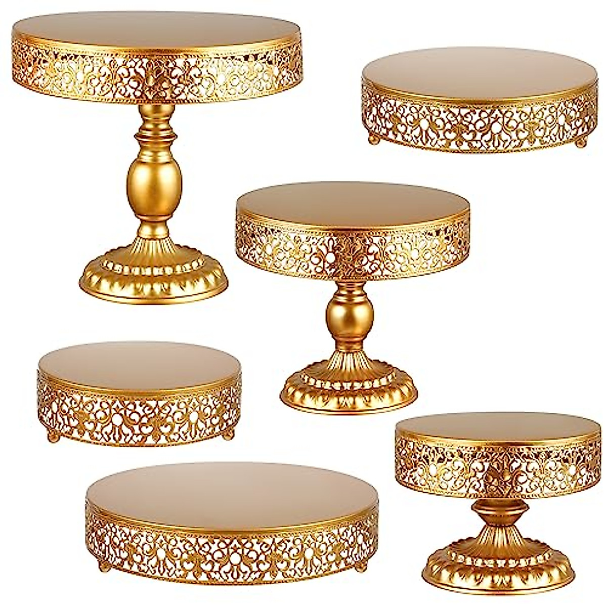 Tioncy Set of 6 Gold Cake Stand Round Metal Cake Stands Antique Gold Dessert Display Cupcake Pastry Candy Display Plate for Wedding Birthday Party Event Bridal Celebration Table(Hollow)