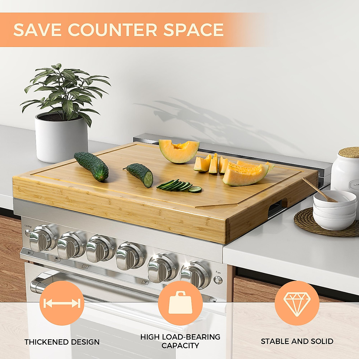 Noodle Board Stove Cover - Bamboo Wood Stove Top Covers for Electric Stove and Gas Stove - Sink Cover RV Stove Top Cover - 30"L x 22"W x 2.5"Th Raised Cutting Board with Juice Grooves