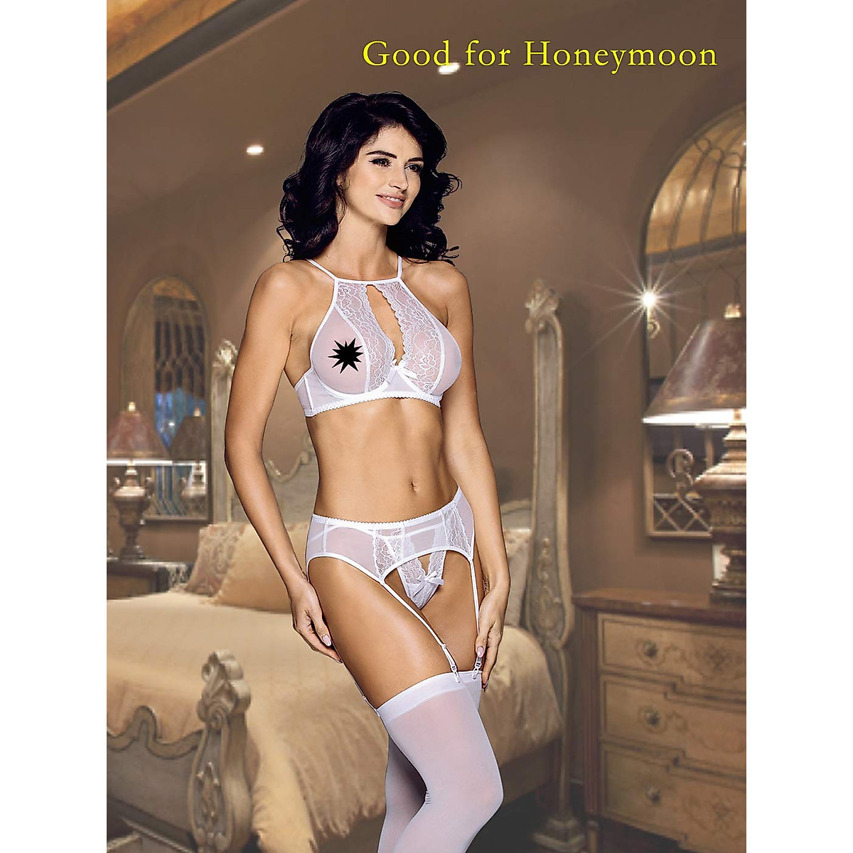 XSPICE White Garter Lingerie For Women,Lingerie Set Garter Belts And Stocking Sets 4PCS