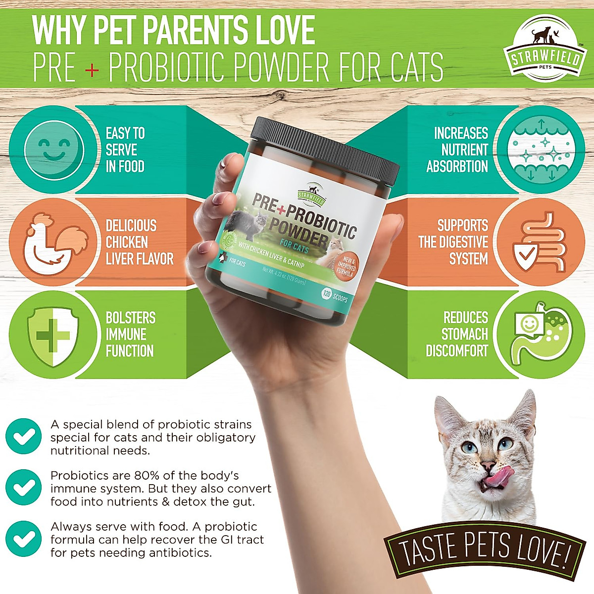 Strawfield Pets' Pre + Probiotic Powder for Cats with Catnip Probiotic for Cats Diarrhea Relief Supplement Natural Chicken Liver Flavor 120 Grams / 120 Scoops