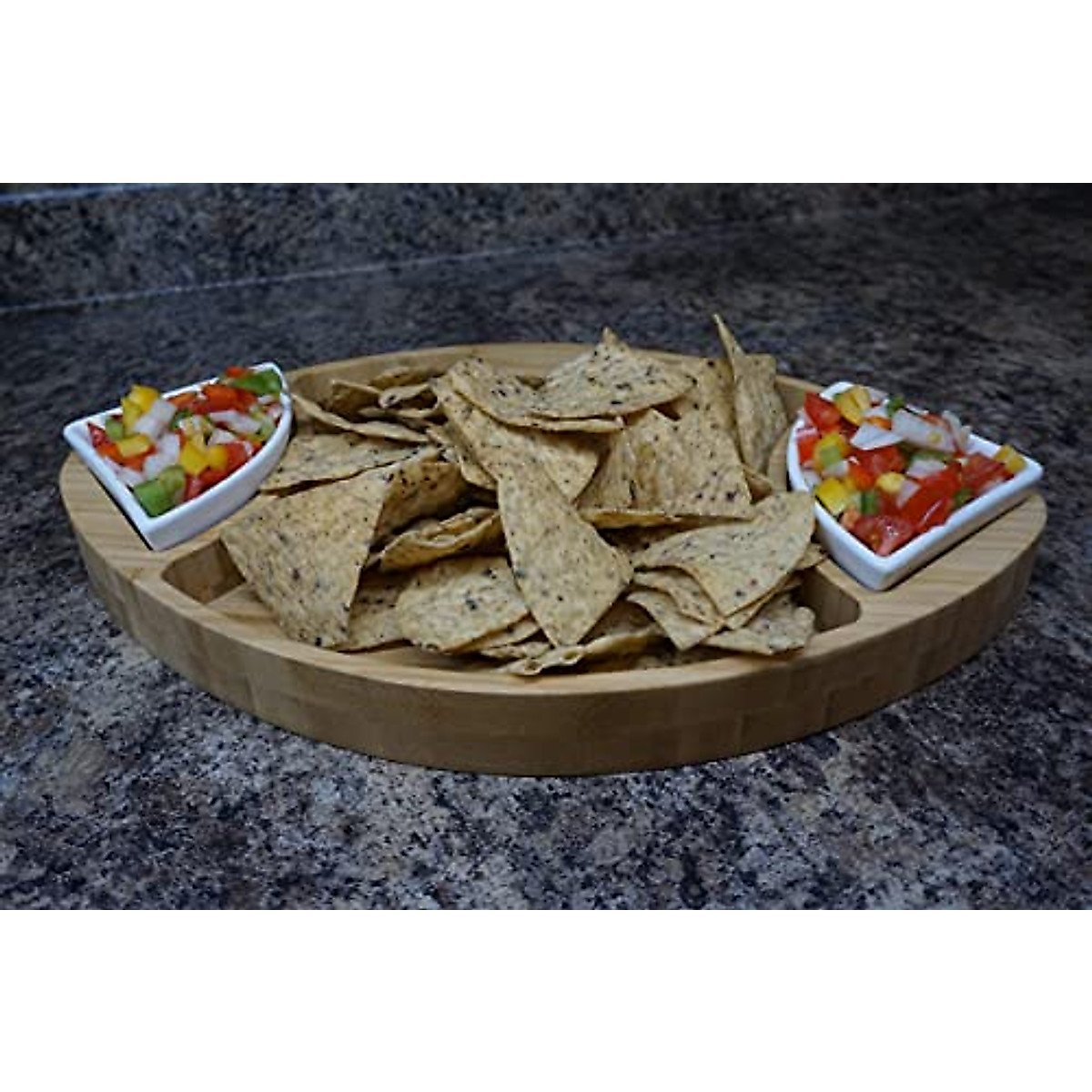 Prairie Collections Football Shaped Bamboo Serving Tray (10" x 16" x 2.5”) Includes 2 Dip Trays - Large Chip Serving Dish for Parties
