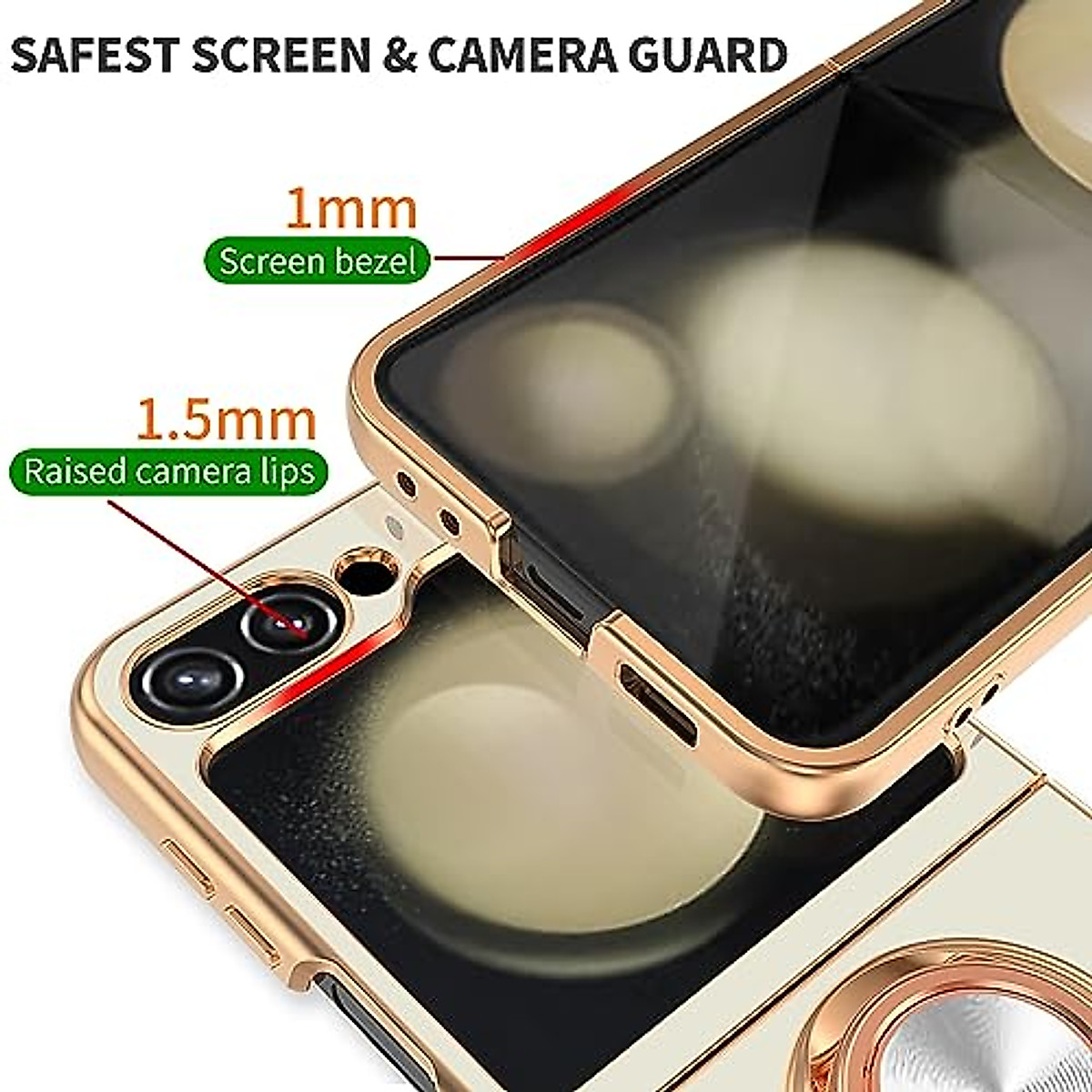 Dinick Compatible for Samsung Galaxy Z Flip 5 Case with Ring Holder Kickstand [with Magnetic] Soft TPU Shockproof Electroplated Protective Phone Case for Galaxy Z Flip 5 White
