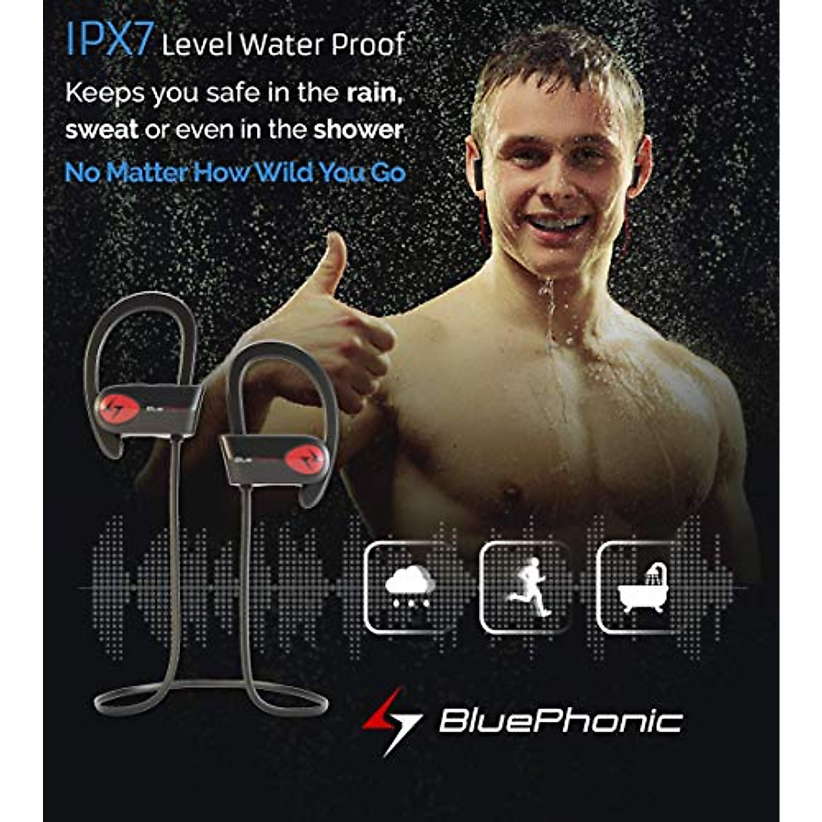 BluePhonic Bluetooth Earbuds Headphones, Best Wireless Sports Earbuds w/Mic HD Stereo Sweatproof Earphones for Gym Running Workout IPX7 Waterproof Noise Cancelling Earphones Noise Cancelling Headsets