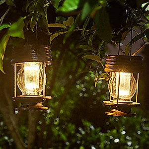 Upgraded Led Vintage Solar Lantern, Realistic Flicker Flame Outdoor Hanging Garden Lights Solar Powered Camping Night Lights Landscape Decorative for Yard Patio Terrace Lawn, 2 Pack