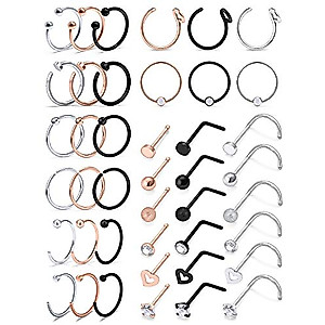 SCERRING 20G Nose Rings Hoop Stainless Steel Bone L Shaped Screw CZ Heart Nose Studs Cartilage Tragus Earrings Piercing Ring Hoop Body Jewelry Set 48PCS Mix Color 1#
