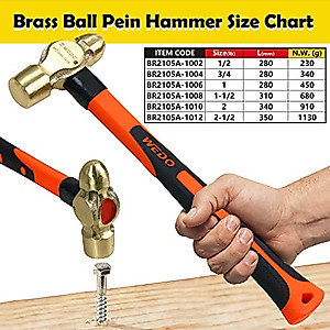WEDO Brass Ball Peen Hammer with Fiberglass Handle,Ball Pein Hammer, 1/2lb, 280mm, 11"