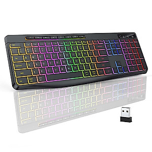 TECURS Wireless Keyboard Gaming- Light Up Keyboard Silent Ultra Slim Full Size, LED Computer Rechargeable Backlit 2.4G Keyboard with Multimedia Keys for Mac and Windows