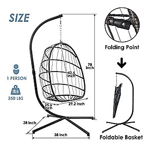 Egg Chair with Stand - Patio Rattan Wicker Hanging Swing Egg Chair Hammock Chair for Indoor Outdoor Bedroom Garden - Aluminum Steel Frame and UV Resistant Cushion 350LBS Capacity (Dark Grey)