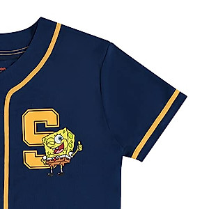 Mens Spongebob Squarepants Baseball Jersey - Spongebob, Patrick, Squidward & Mr Krab - Mesh Button Down Baseball Jersey (Navy, X-Large)