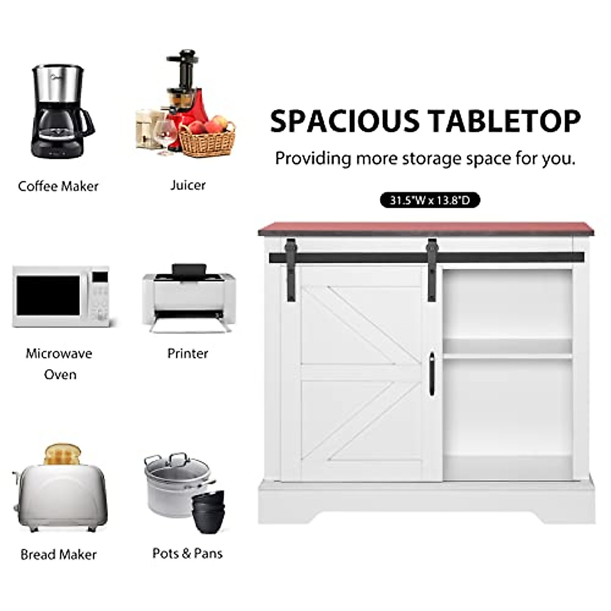 HOMFAMILIA 28" H Farmhouse Coffee Bar Cabinet w/Storage, White Kitchen Sideboard Buffet Cabinet with Sliding Barn Door, Rustic Accent Console with Adjustable Shelves, for Kitchen, Living Room