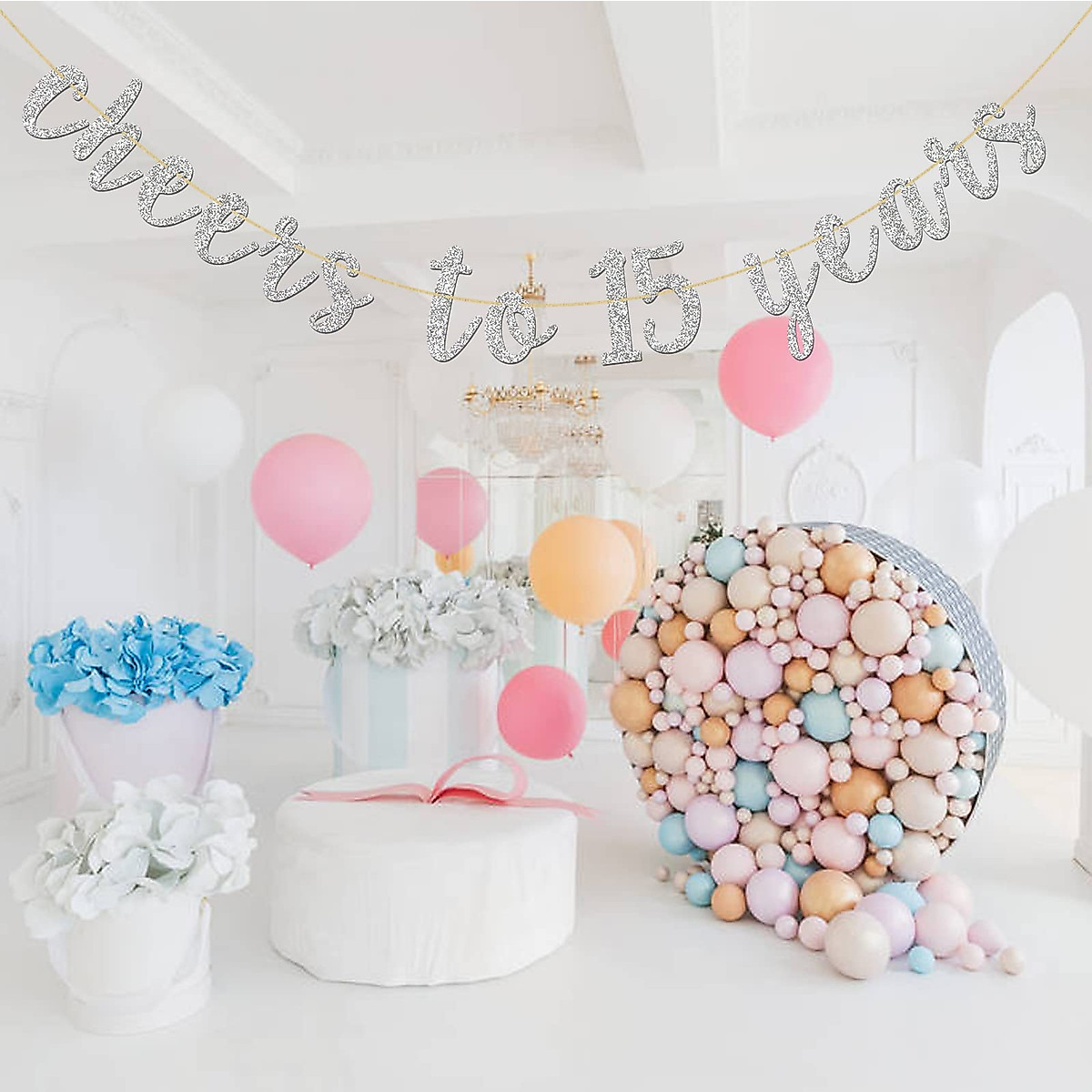 Glitter Silver Cheers to 15 Years Banner - Teenager 15th Birthday Sign Bunting 15th Marriage Anniversary Party Bunting Decoration