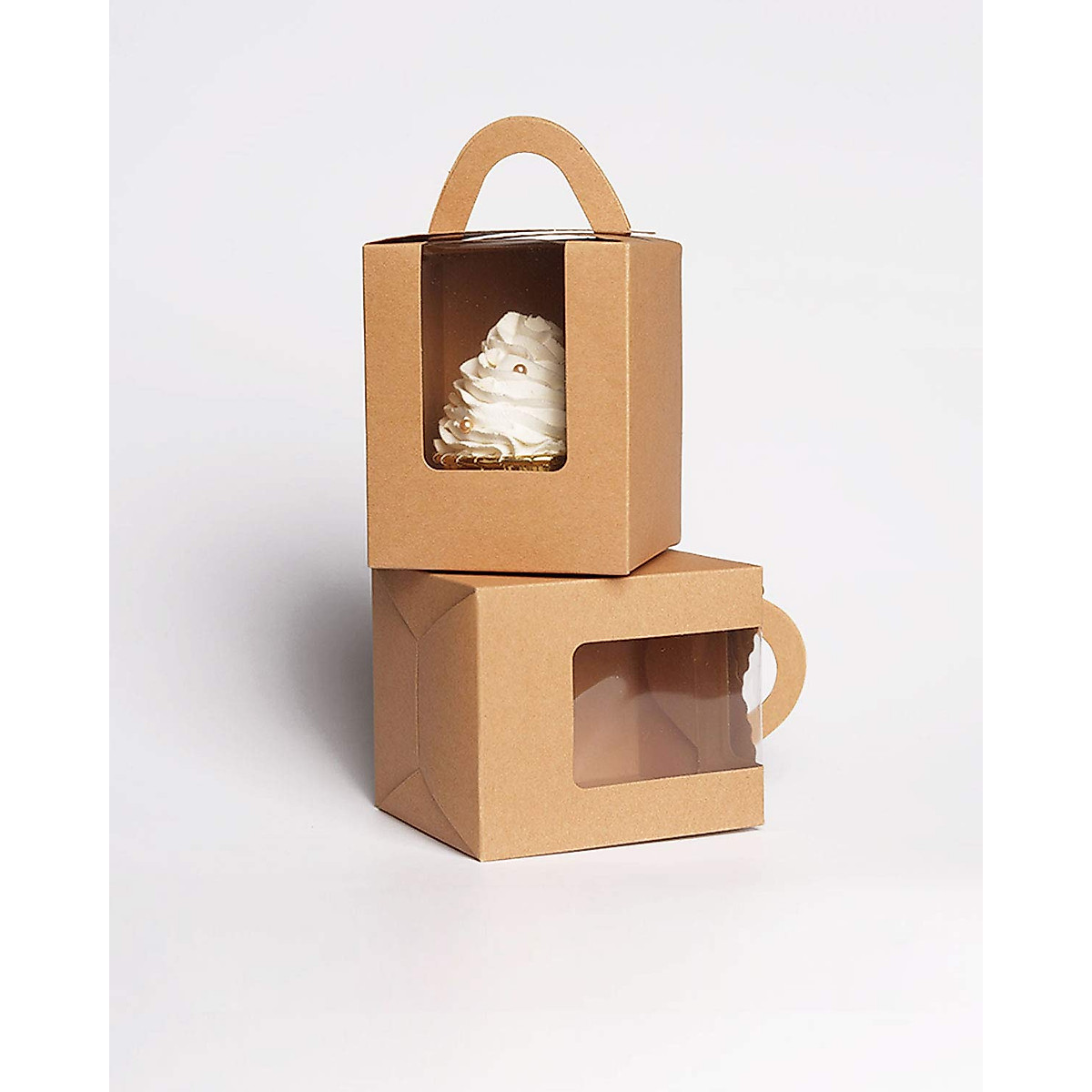 qiqee Kraft Cupcake Boxes 60 Packs Individual Cupcake Holders Disposable Brown Single Cupcake Boxes with Window 3.6 * 3.6 * 4.3inch Cupcake Containers