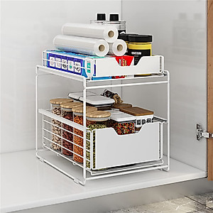 Tngan 2 Tier Under Sink Organizer with Sliding Storage Drawer Pull Out Countertop Storage Basket Kitchen Cabinet Storage Rack, White Large