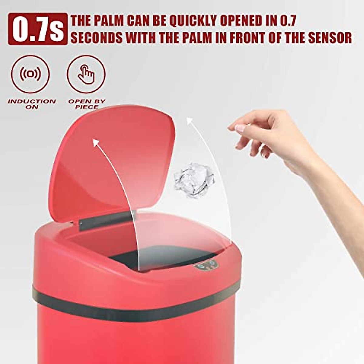 Vnewone Kitchen Trash Can Garbage 13 Gallon Waste Bin for Home Office Bedroom Stainless Steel Automatic Touch Free High-Capacity, 50 Liter (Red)