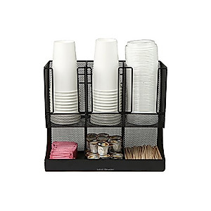 Mind Reader 6 Compartment Upright Breakroom Coffee Condiment and Cup Storage Organizer, Black Metal Mesh