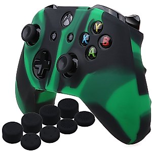 YoRHa Silicone Cover Skin Case for Microsoft Xbox One X & Xbox One S Controller x 1(Black Green) with Pro Thumb Grips 8 Pieces