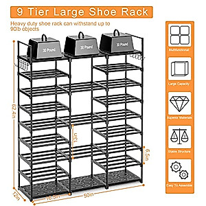Huolewa Shoe Rack Storage Organizer, 9 Tier Large Shoes Rack for Entryway Closet Garage, Free Standing Tall Shoe Shelf Stand, Sturdy Big Metal Shoe Rack for 50-55 Pair Shoe Boot