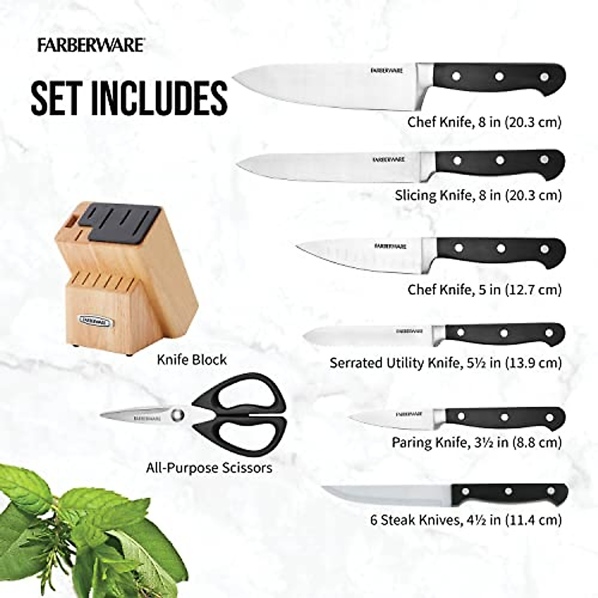 Farberware Self-Sharpening 13-Piece Knife Block Set with EdgeKeeper Technology, High Carbon Stainless Steel Kitchen Knife Set with Ergonomic Handles, Razor-Sharp Knife Set, Natural